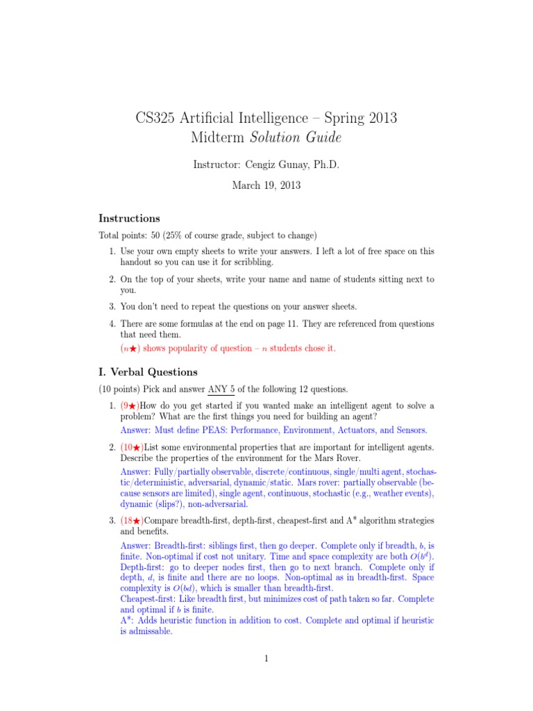 Midterm Exam Guide for CS325 Artificial Intelligence Course | PDF ... Midterm Exam Guide for CS325 Artificial Intelligence Course | PDF ...