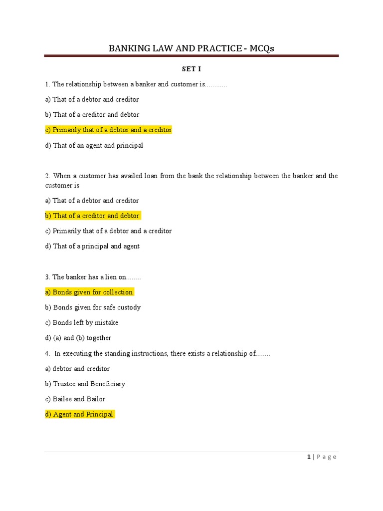 Banking Law and Practice - Mcqs | PDF | Cheque | Negotiable Instrument