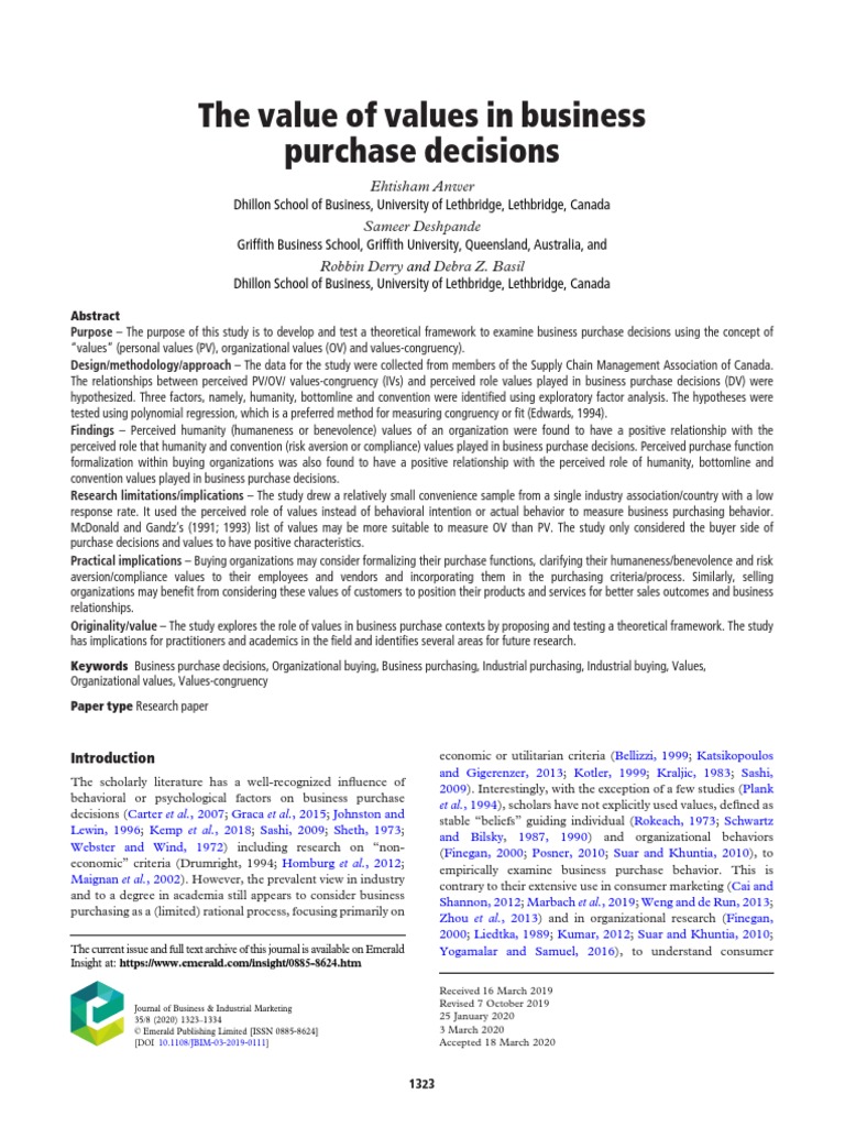 The Value of Values in Business Purchase Decisions: Ehtisham Anwer ...