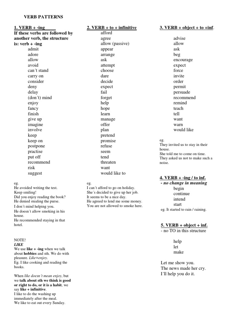Verb Patterns - Tables | PDF | Verb