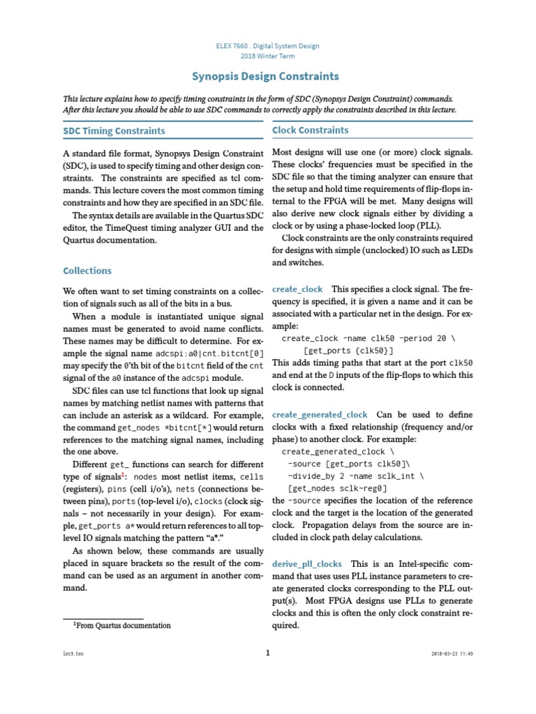 Synopsis Design Constraints: SDC Timing Constraints Clock Constraints ...