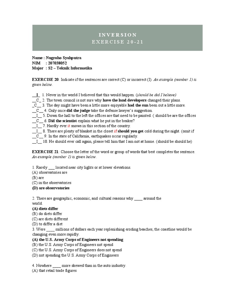 Inversion Exercises 20-21 Answers | PDF | Teaching Methods & Materials | Technology & Engineering