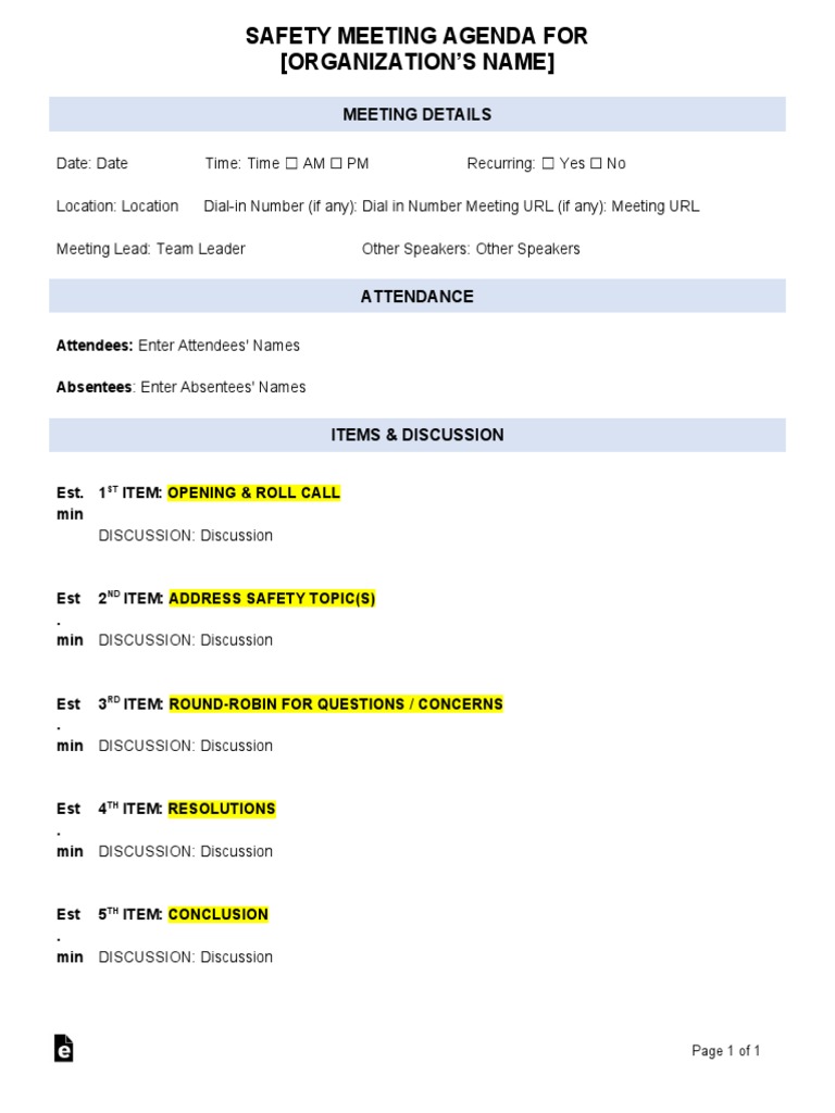 Safety Meeting Agenda Template | PDF