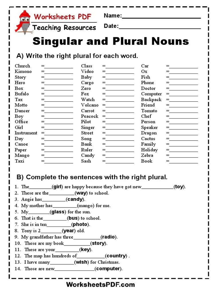 Singular and Plural Nouns: A) Write The Right Plural For Each Word | PDF