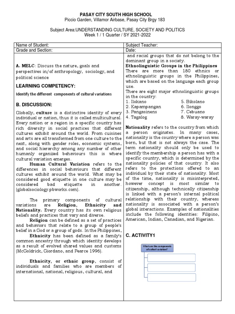 Ucsp Worksheet W1 | Download Free PDF | Ethnic Groups | Nationality