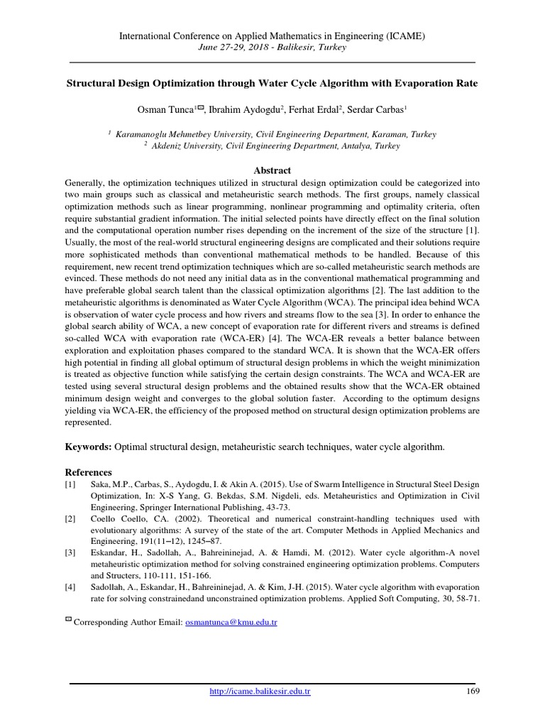 Structural Design Optimization Through Water Cycle Algorithm With Evaporation Rate Pdf