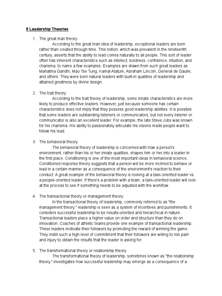 5 Leadership Theories | PDF | Leadership | Leadership