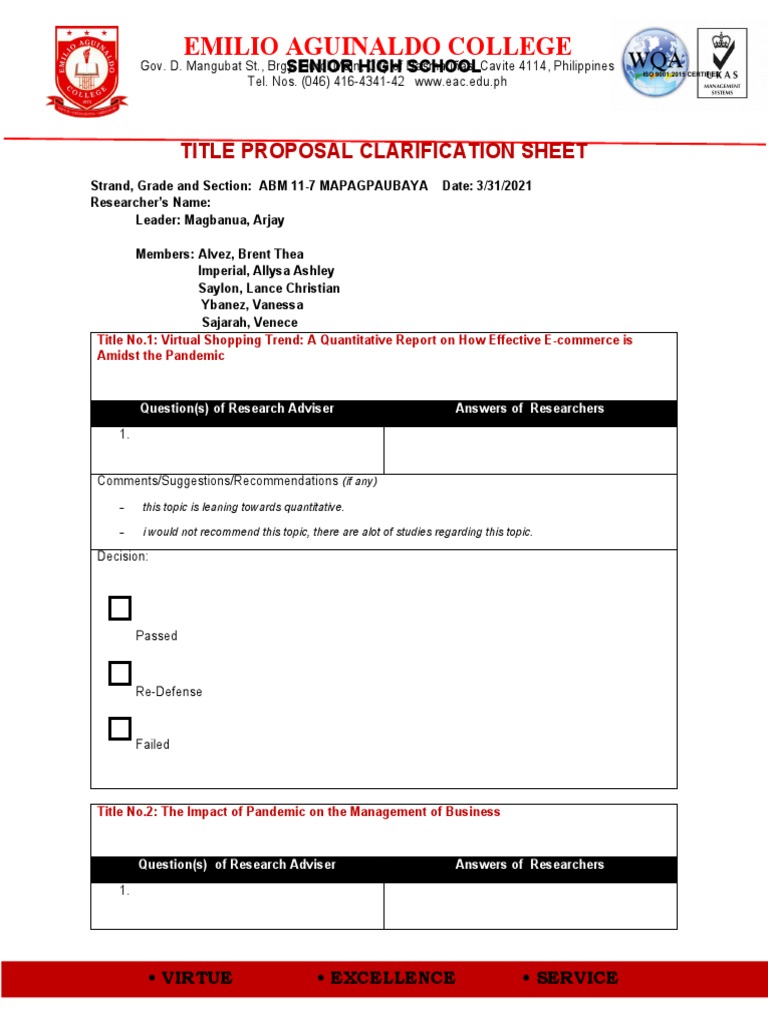 Emilio Aguinaldo College: Title Proposal Clarification Sheet | PDF ...