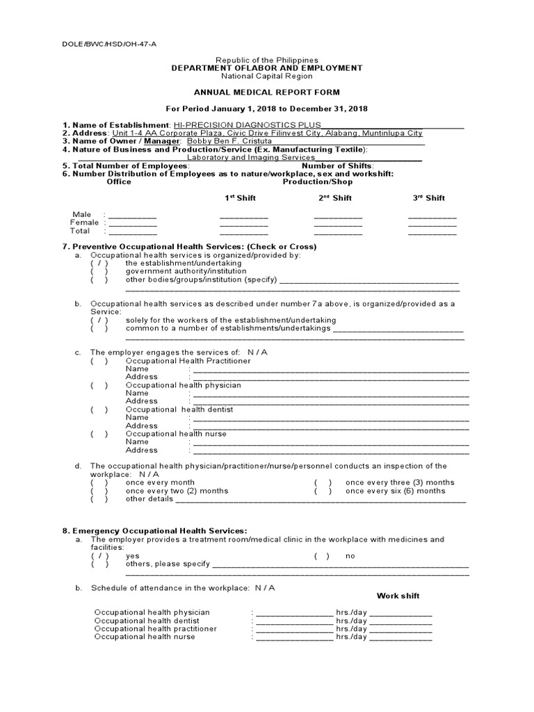 Annual Medical Report | PDF | Physical Examination | Occupational ...