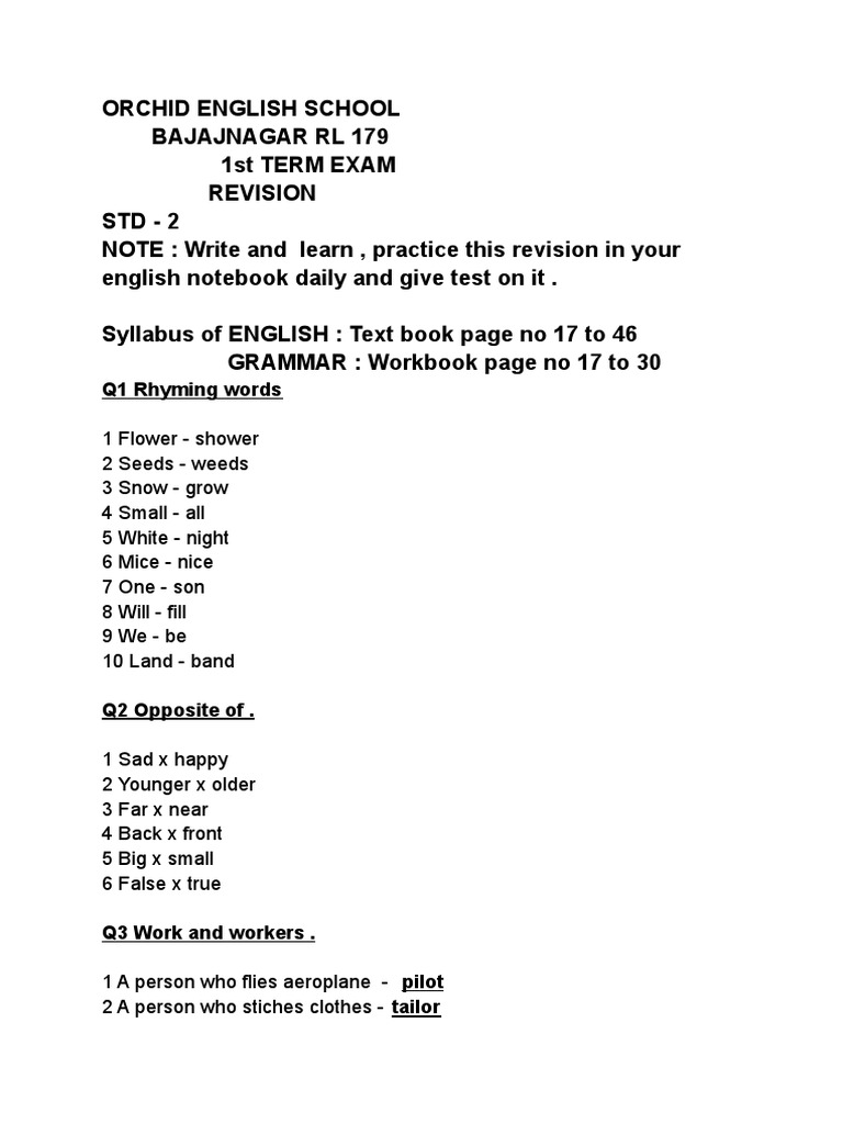 STD 2 Term Revision English and Grammar | PDF | Linguistics