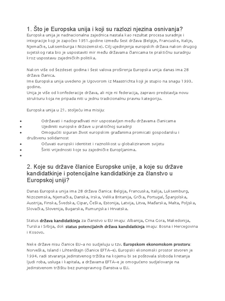 Što Je Europska Unija I Koji Su Razlozi Njezina Osnivanja? | PDF