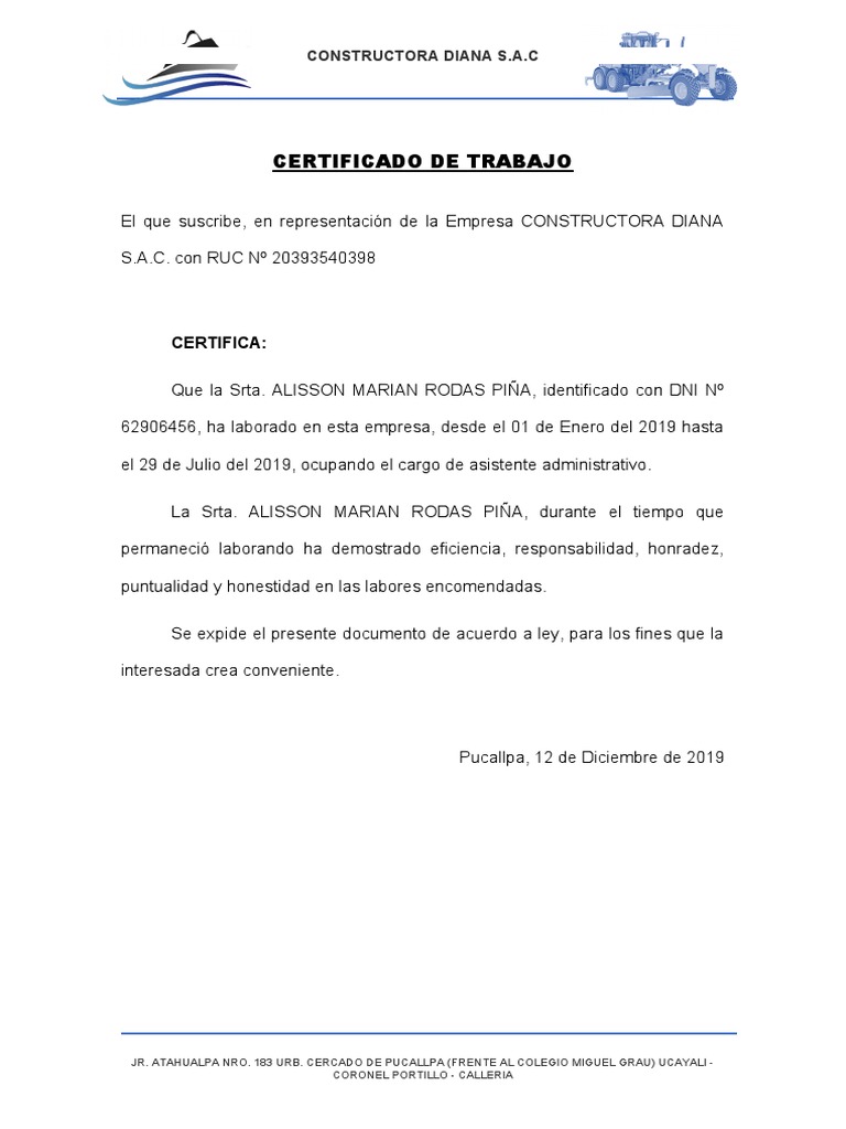 Certificado de Trabajo Alisson | PDF