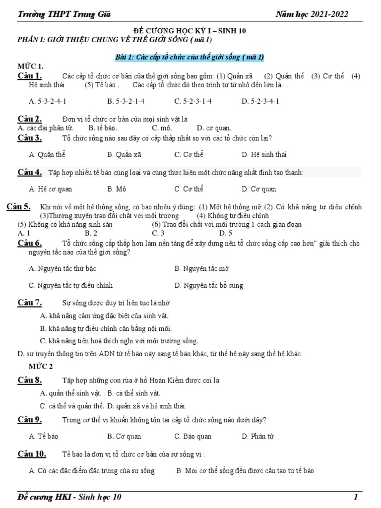 sinh ĐỀ-CƯƠNG-HKI-K10-2021-GỬI-HS | PDF