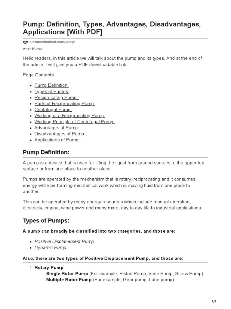 Pump Definition Types Advantages Disadvantages Applications With PDF ...