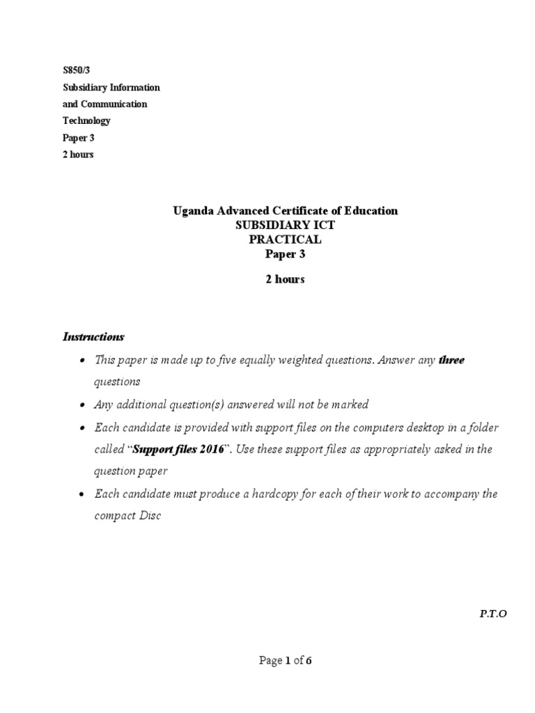 Uganda Advanced Certificate of Education Subsidiary Ict Practical Paper ...
