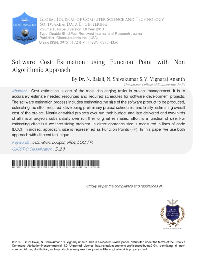 Software Cost Estimationusing Function Pointwith Non Algorithmic Approach Pdf Computing 