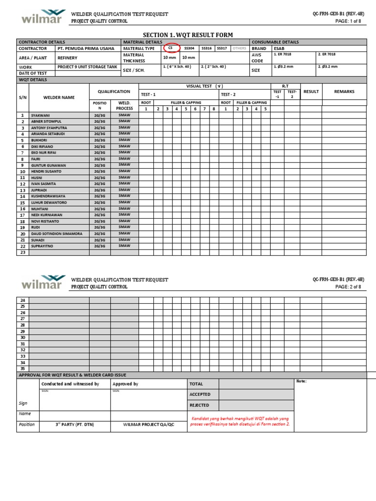 Section 1. WQT Result Form: Welder Qualification Test Request | PDF ...