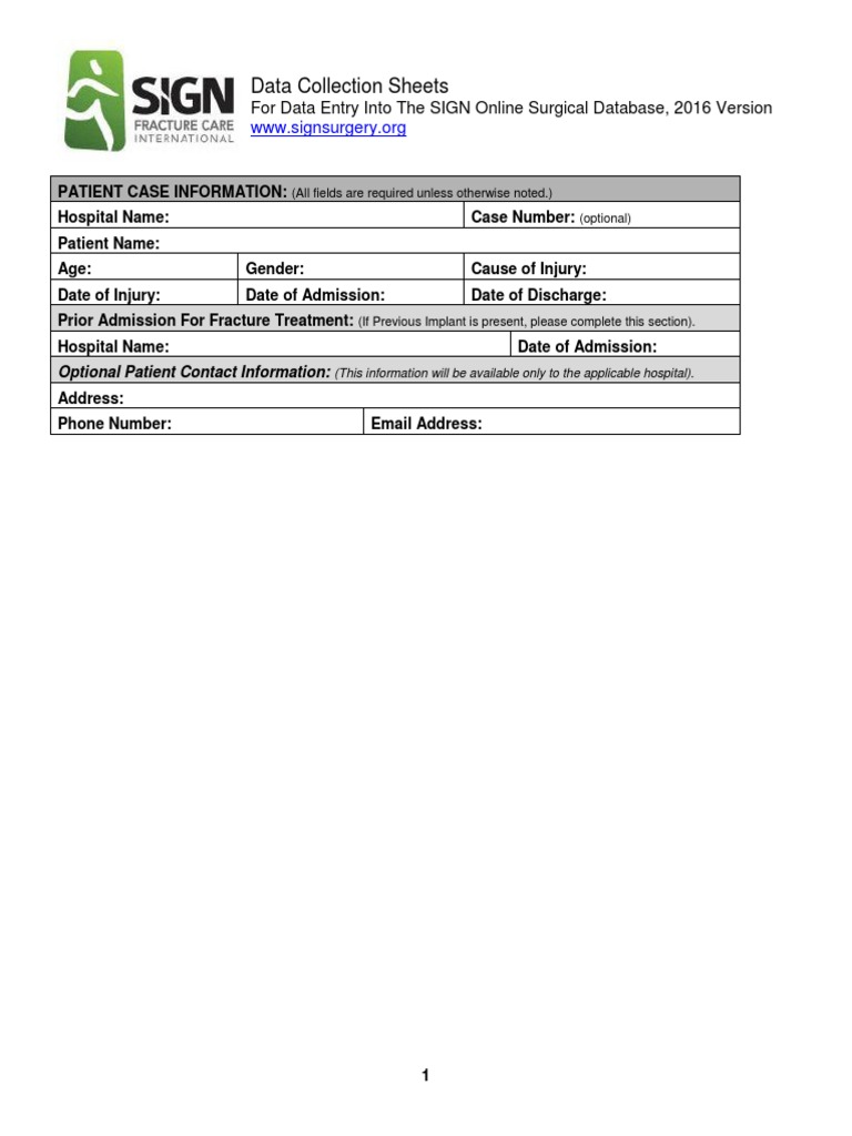 SIGN Data Collection Sheets | PDF | Surgery | Diseases And Disorders