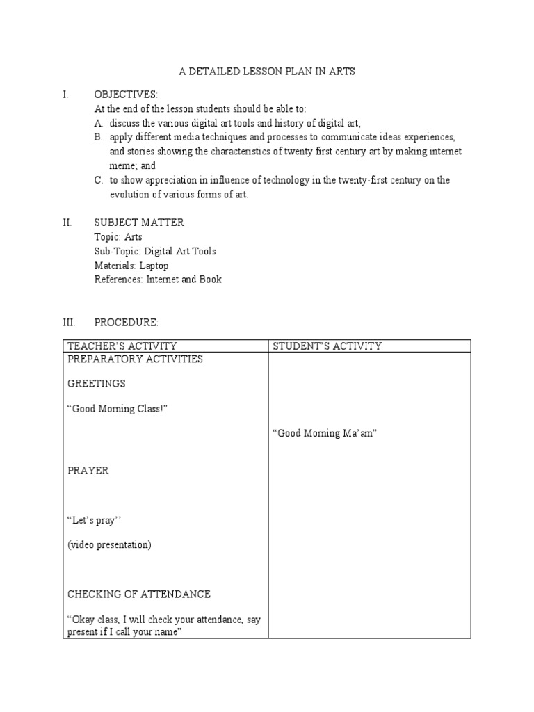 A Detailed Lesson Plan in Arts | PDF | Printer (Computing) | Camera