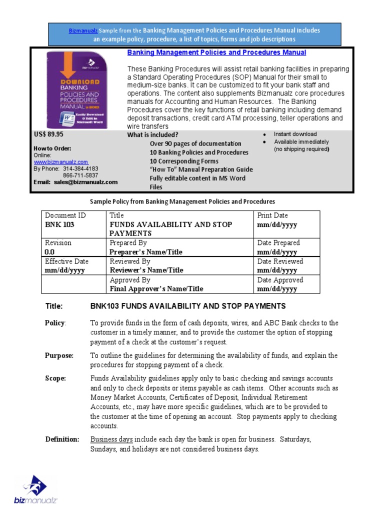 Banking Management Policies and Procedures Manual Includes An Example ...