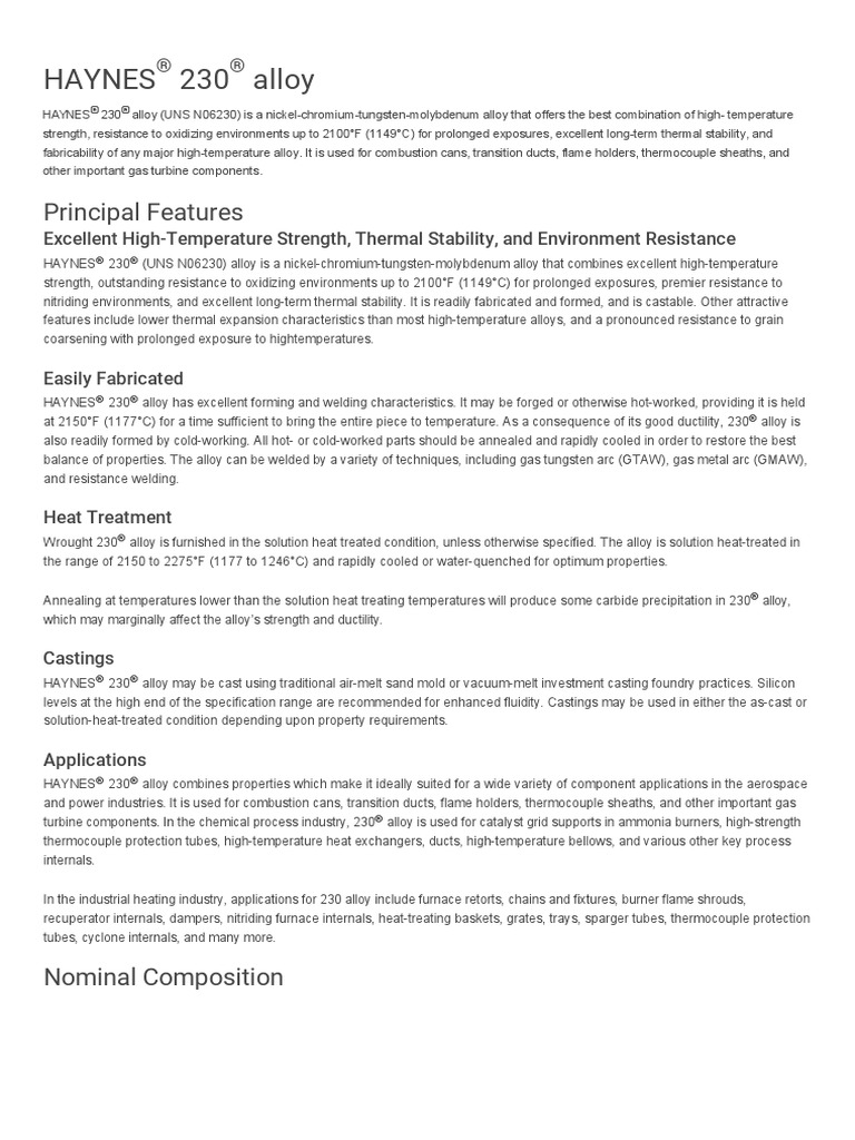 Haynes 230 Alloy | PDF | Heat Capacity | Alloy