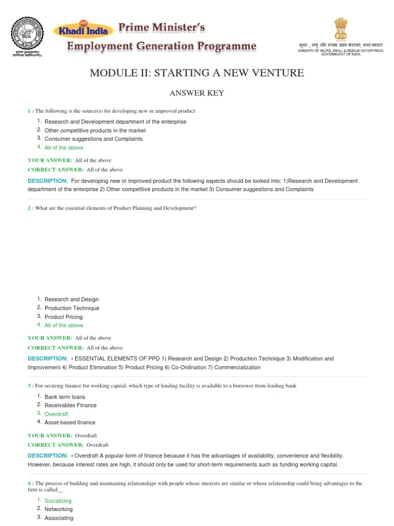 Module Ii: Starting A New Venture: Answer Key | PDF | Brainstorming | Loans