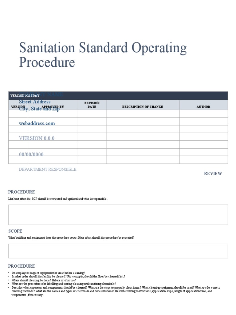 Sanitation Standard Operating Procedure: Company Name Street Address ...