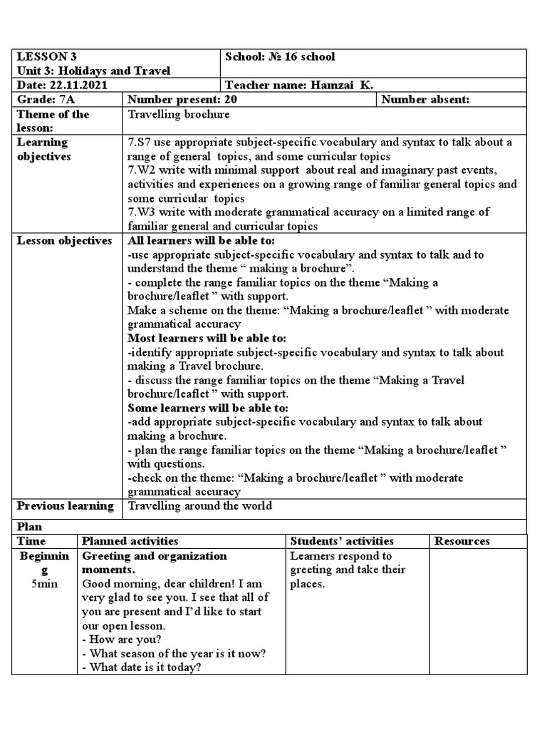 7A 3rd Lesson Plan | PDF | Learning | Lesson Plan