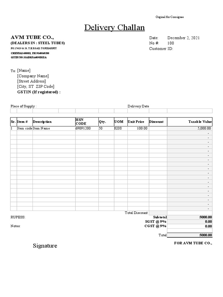 Delivery Challan Format Excel | PDF