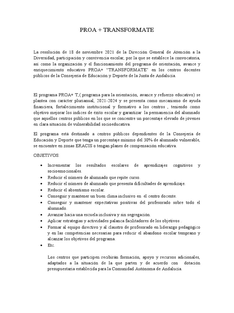 Plan Estratégico PROA+ Transformate 24/25 | PDF | Maestros | Enseñando
