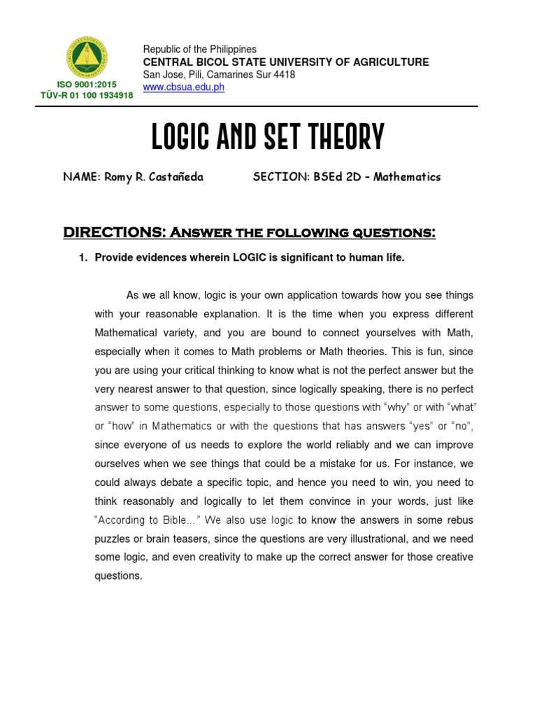 Logic and Set Theory: DIRECTIONS: Answer The Following Questions | PDF ...