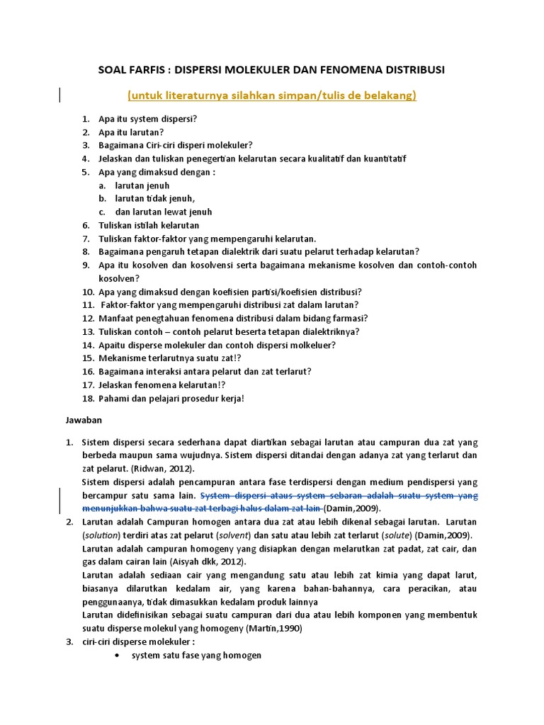 Soal Farfis Dispersi Molekuler Dan Fenomena Distribusi-2 | PDF