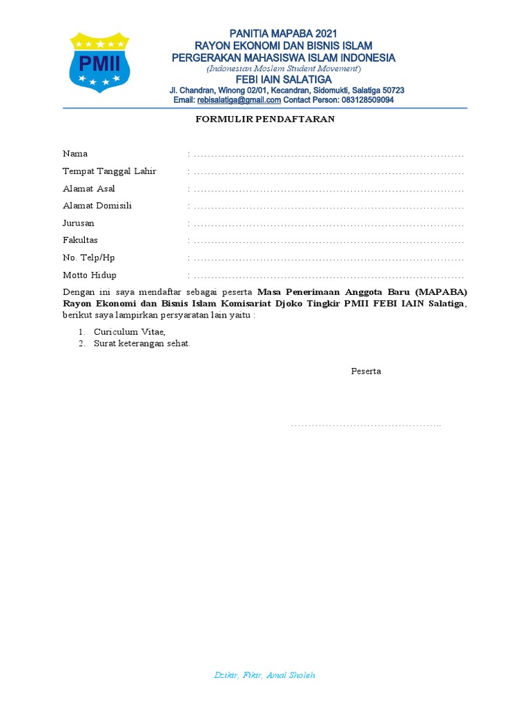 Formulir Pendaftaran Dan CV Peserta Mapaba 2021 | PDF