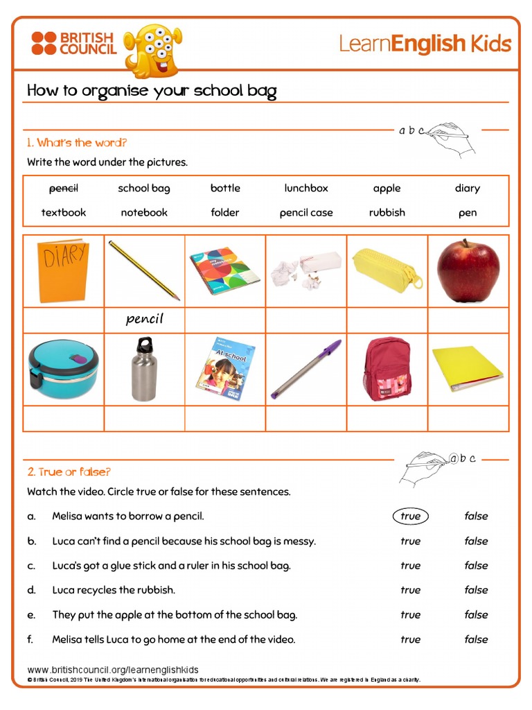 How To Organise Your School Bag Worksheet | PDF