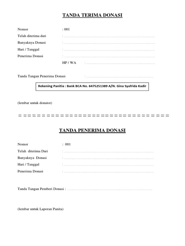 Contoh Tanda Terima Donasi Sederhana | PDF | Pengelolaan Keuangan & Uang
