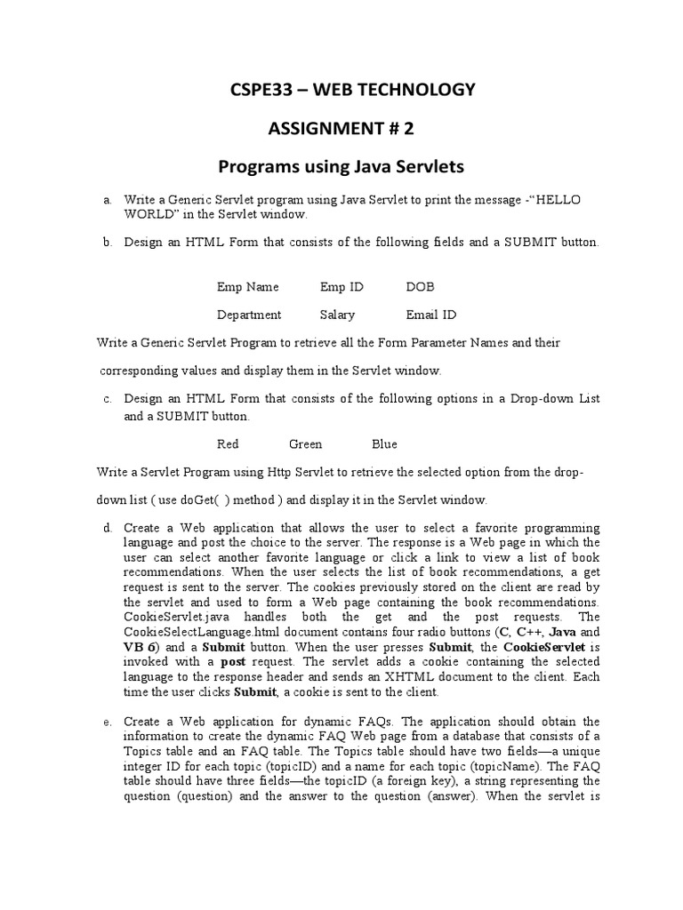 Cspe33 - Web Technology Assignment # 2 Programs Using Java Servlets | PDF | Internet & Web ...
