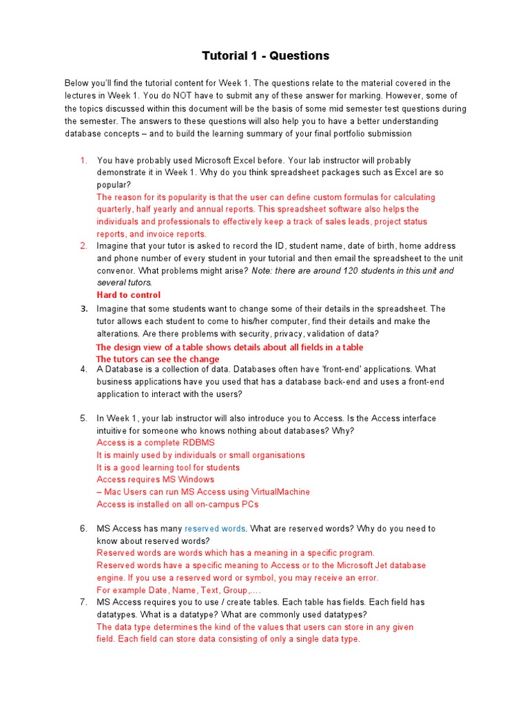 Topic 1 Lecture Tutorial Discussion Questions | PDF | Microsoft Access ...