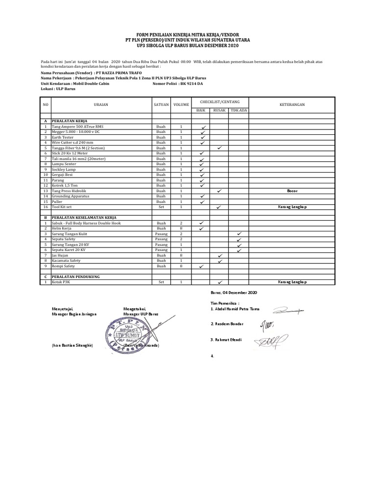Form Pemeriksaan Yantek - Ulp Barus Mobil DC | PDF