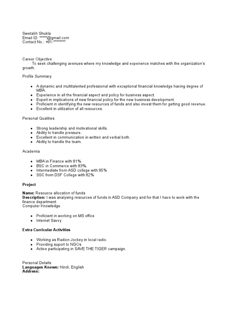 MBA Finance Fresher Resume Sample | PDF | Career & Growth | Finance ...