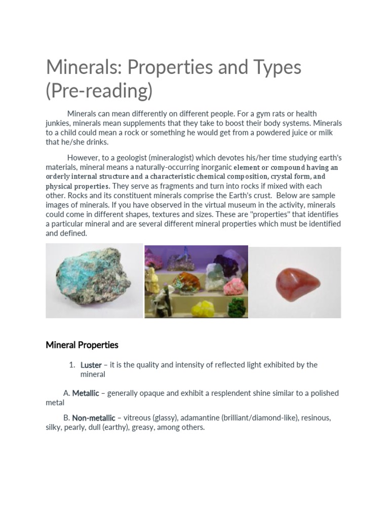Minerals: Properties and Types (Pre-Reading) | PDF | Rock (Geology ...