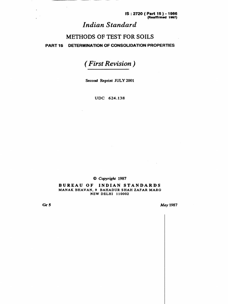 IS 2720-PART 15-1986 Determination of Consolidation Properties (1997) | PDF