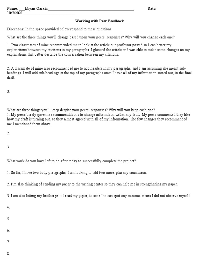 Working With Peer Feedback Worksheet Essay 2 | PDF