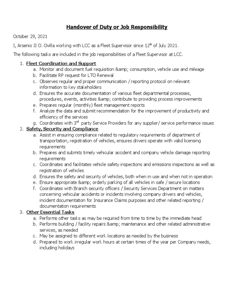 Handover of Duty or Job Responsibility | PDF | Service Industries ...