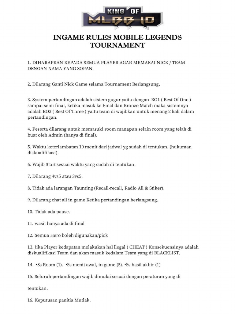 Ingame Rules Tournament King of MLBB | PDF