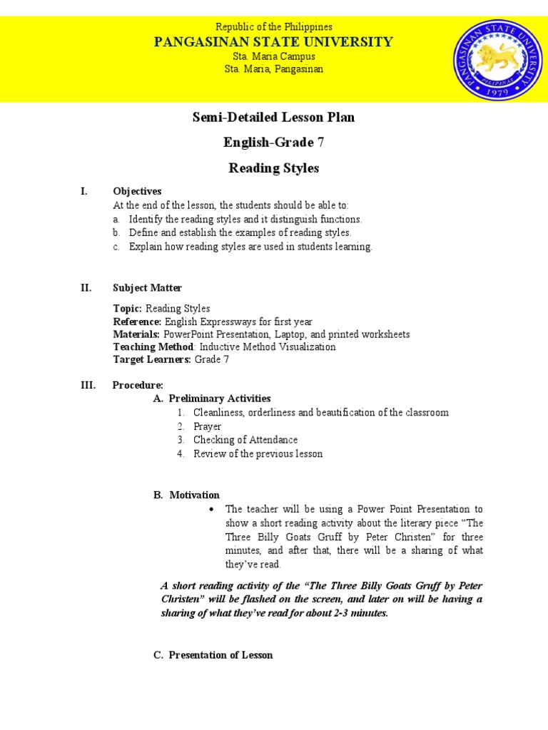 Semi-Detailed Lesson Plan English-Grade 7 Reading Styles: Pangasinan ...