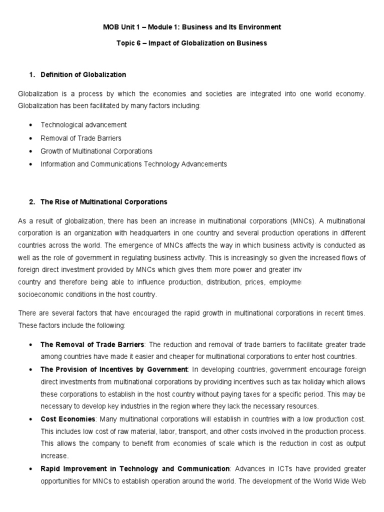 MOB Unit 1 Mod 1 Topic 6 Notes | PDF | Multinational Corporation | Free ...