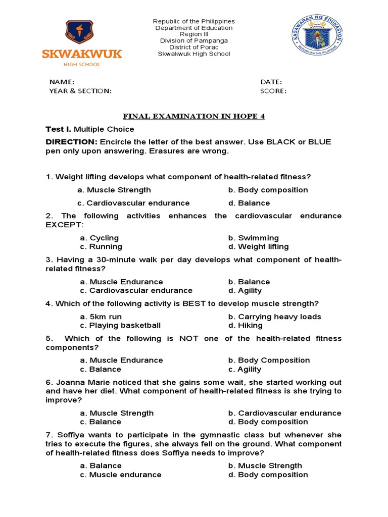 Final Examination in Hope 4 Test I. Multiple Choice DIRECTION: Encircle ...
