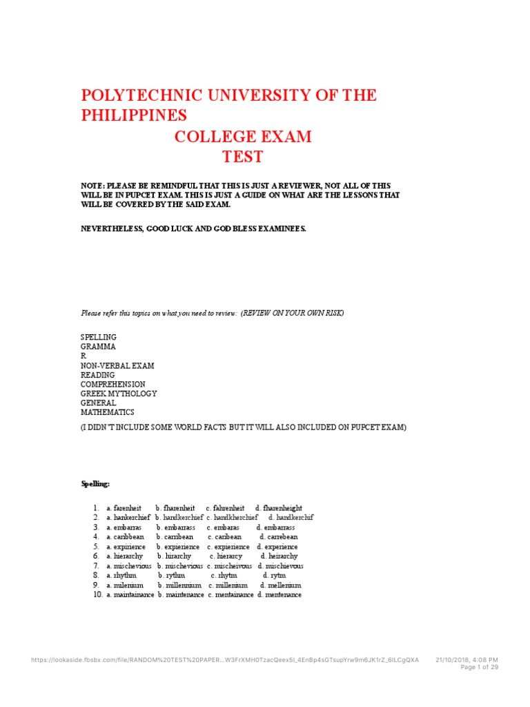 PUPCET Entrance Exam Reviewer Guide | PDF | Marie Curie | Hera
