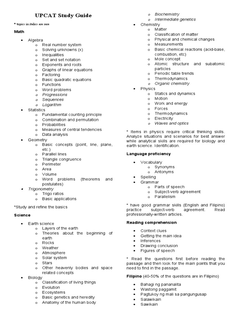 UPCAT Study Guide Overview | PDF | Physics | Chemistry