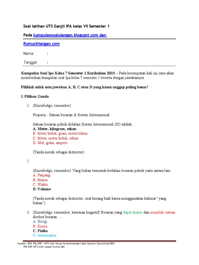 Soal Uts Ipa Kelas 7 SMT 1 | PDF